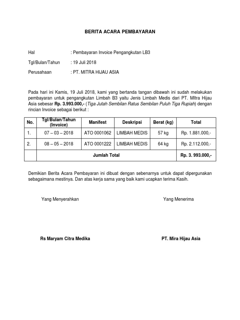 Berita Acara Invoice Pembayaran Lb3 | PDF