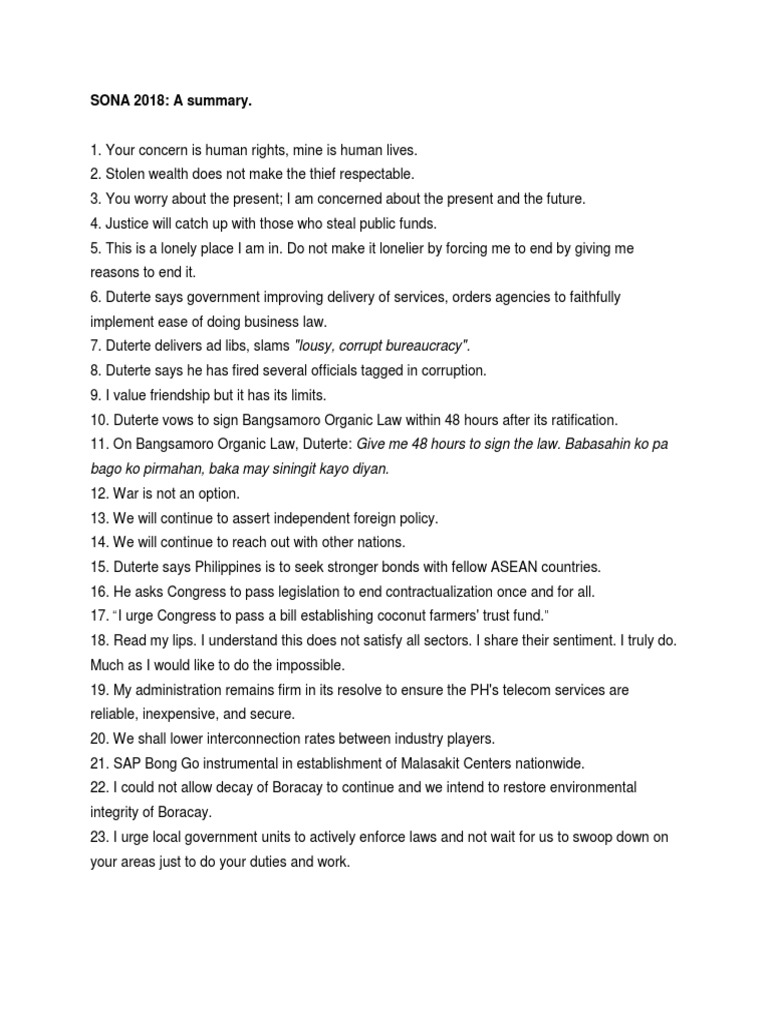 SONA 2018 Summary | PDF | Rodrigo Duterte | Philippines