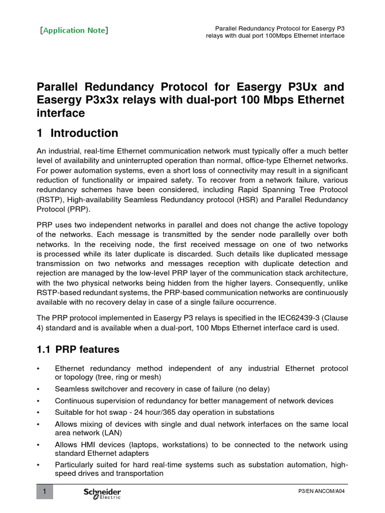 P3 - EN - AN - A004 Parallel Redundancy Protocol For Easergy P3 | PDF | Ethernet | Computer Network