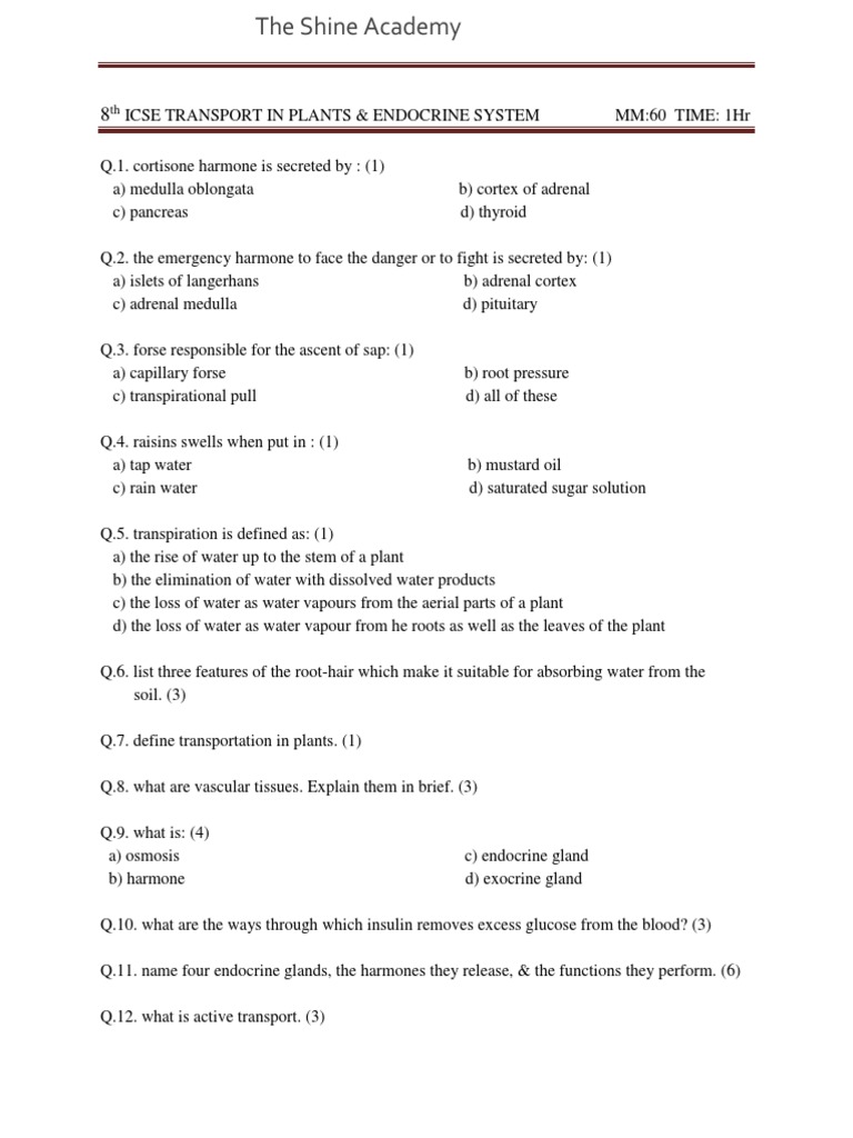 8th Icse Endocrine & Transport | PDF | Hormone | Endocrine System