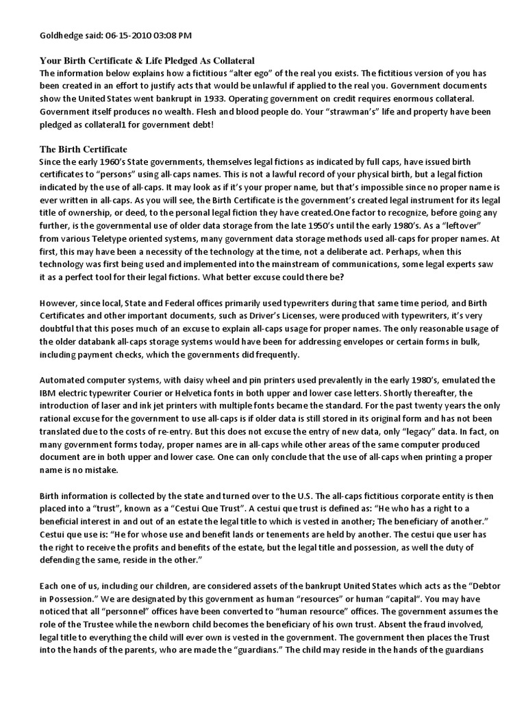 Your Birth Certificate & Life Pledged As Collateral | PDF | Trustee ...