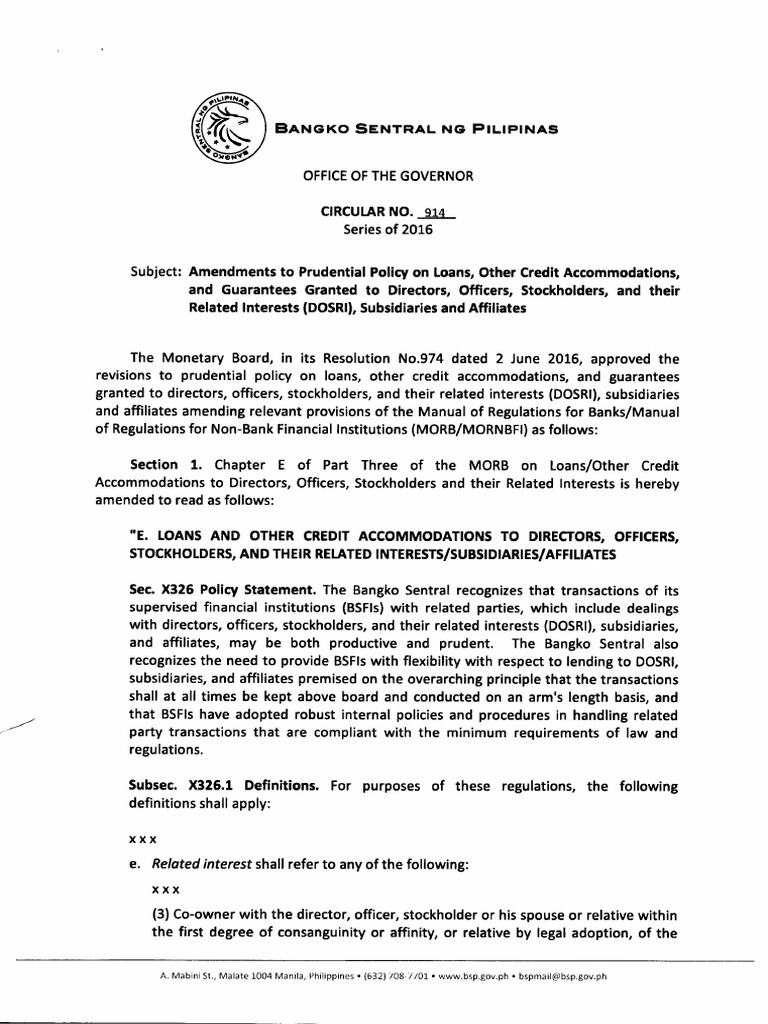 Amendments to DOSRI Lending Policies | PDF | Loans | Credit