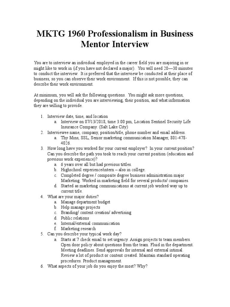 MKTG 1960 Mentor Interview Thy | PDF | Interview | Marketing Communications