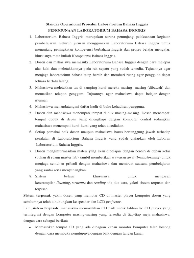 Standar Operasional Prosedur Laboratorium Bahasa Inggris | PDF