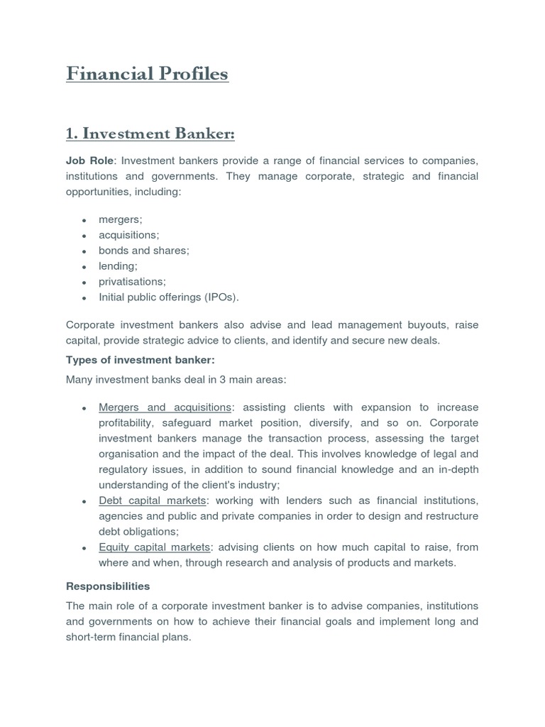 Finance Profiles | PDF | Financial Analyst | Investment Banking