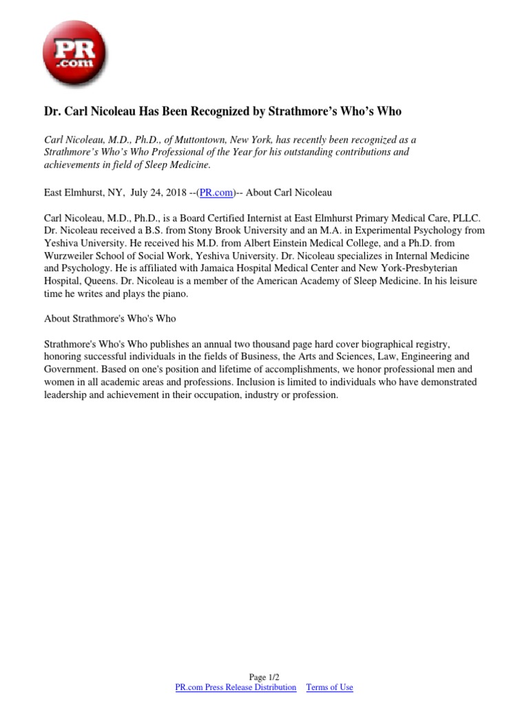 Dr. Carl Nicoleau Has Been Recognized by Strathmore's Who's Who | PDF ...