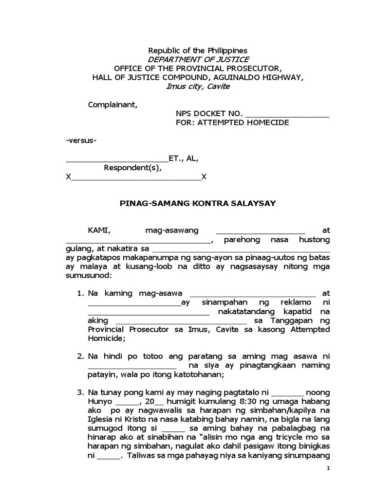 Pinagsamang Kontra Salaysay Sample Tagalog