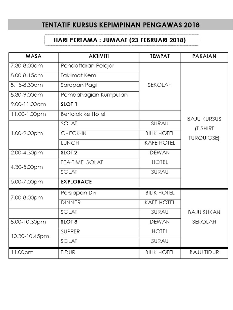 Tentatif Kursus Kepimpinan Pengawas 2018: Hari Pertama: Jumaat (23 ...