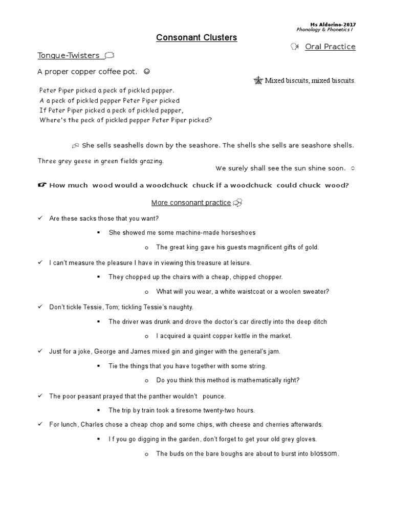 Consonant Clusters: Oral Practice Tongue-Twisters | PDF | Phonology ...