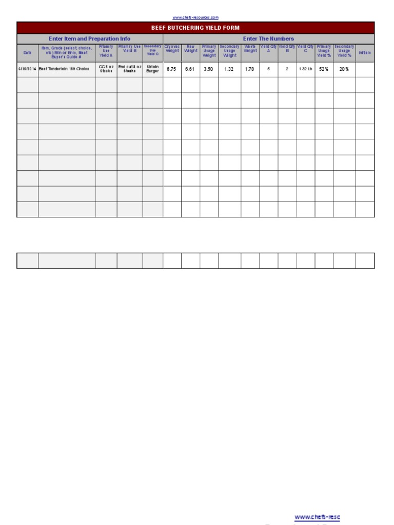 Beef Butchering Yield Form v3 | PDF | Steak | Beef