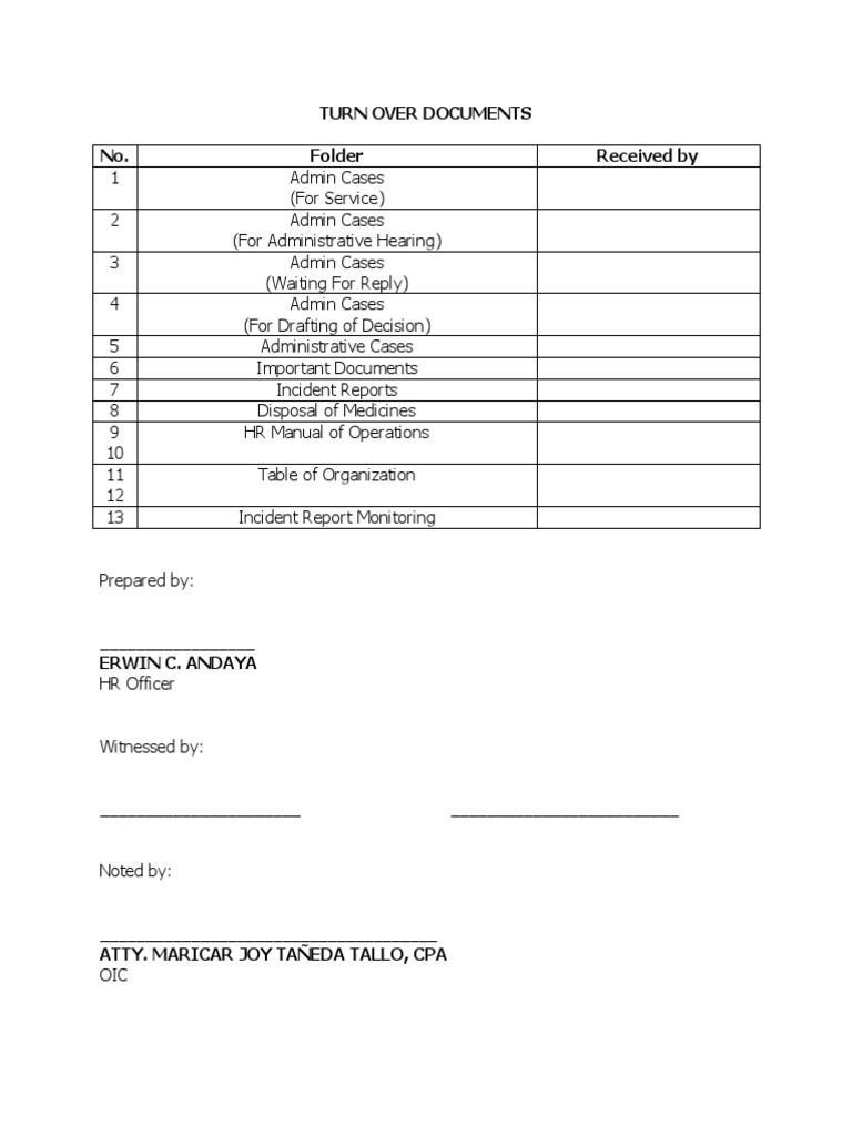 Turn Over Documents No. Folder Received by | PDF | Finance & Money ...