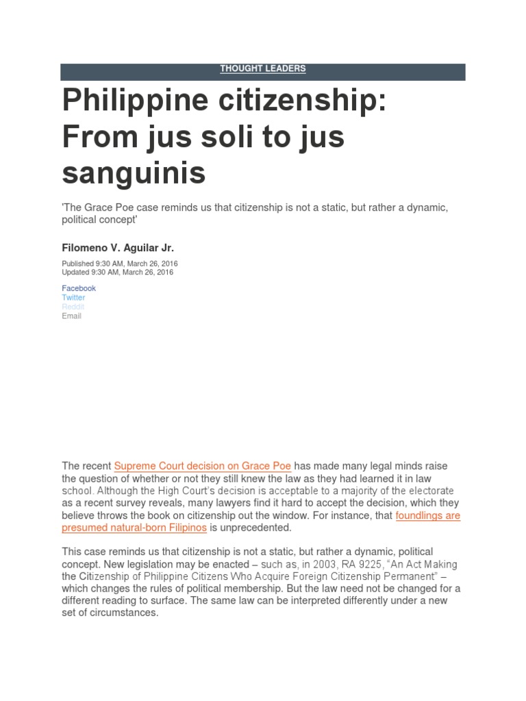 Philippine Citizenship: From Jus Soli To Jus Sanguinis: Filomeno V ...
