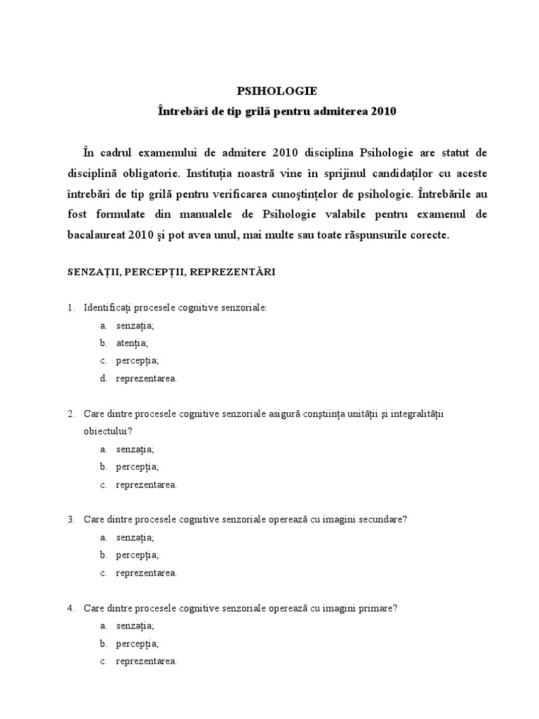 Admitere Teste Psihologie Si Raspunsuri PDF | PDF
