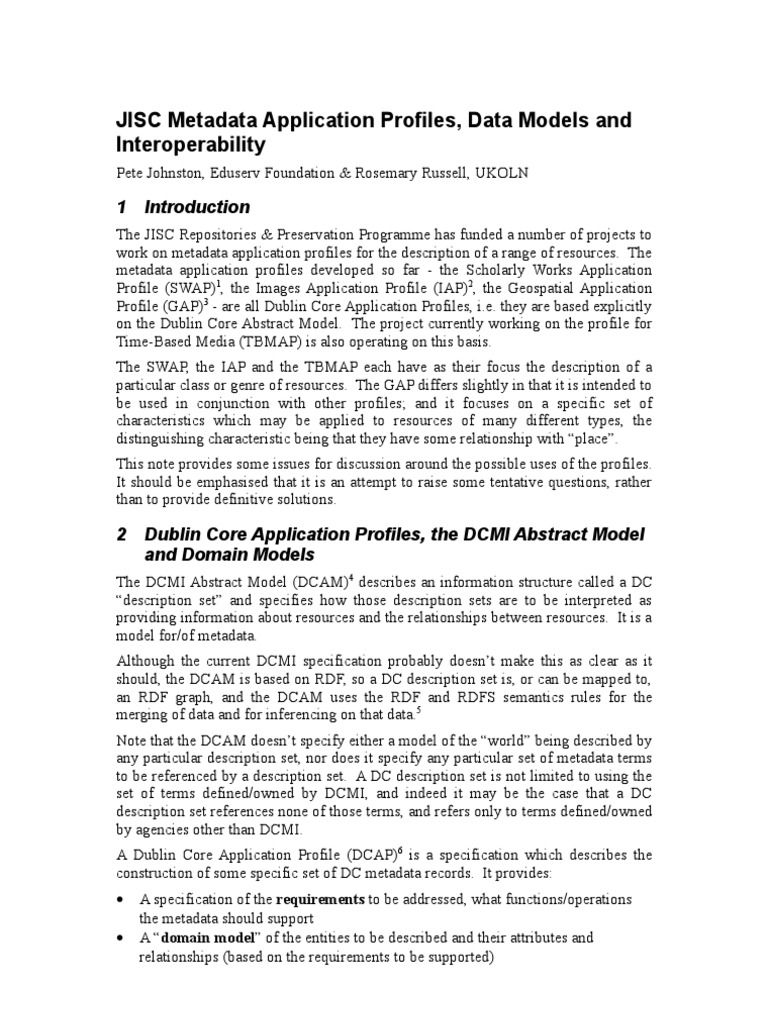 JISC Metadata Application Profiles, Data Models and Interoperability ...