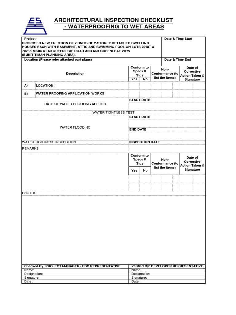 Architectural Inspection Checklist - Waterproofing To Wet Areas | PDF ...