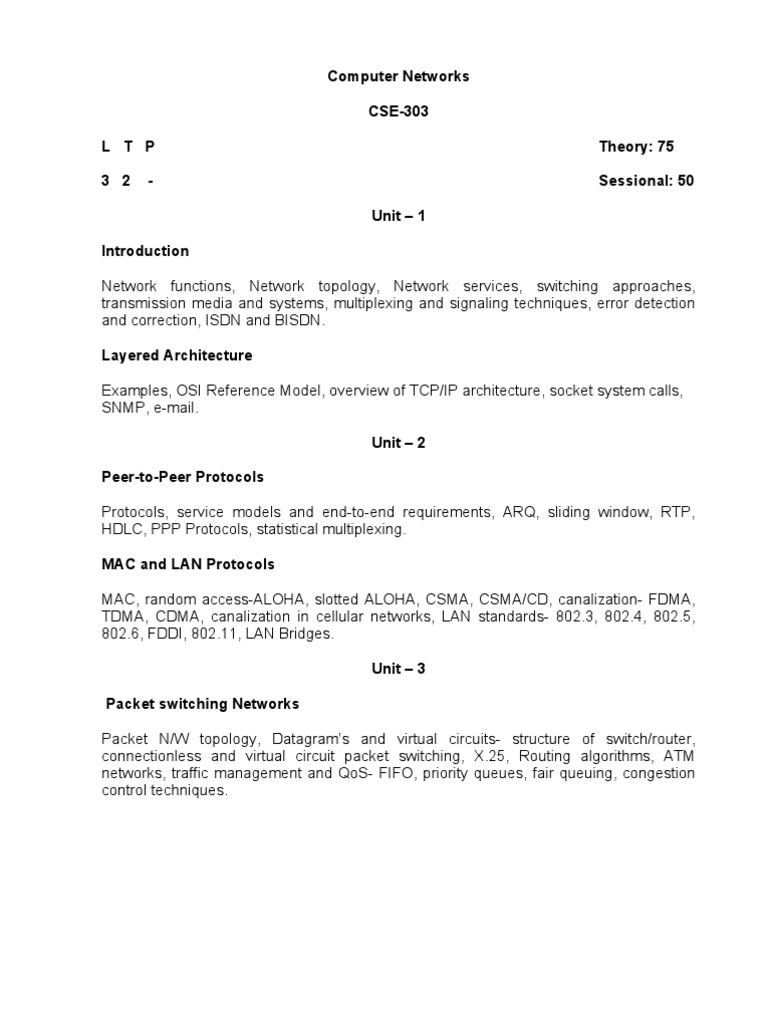 Computer Networks CSE-303 L T P Theory: 75 3 2 - Sessional: 50 Unit - 1 | Download Free PDF ...