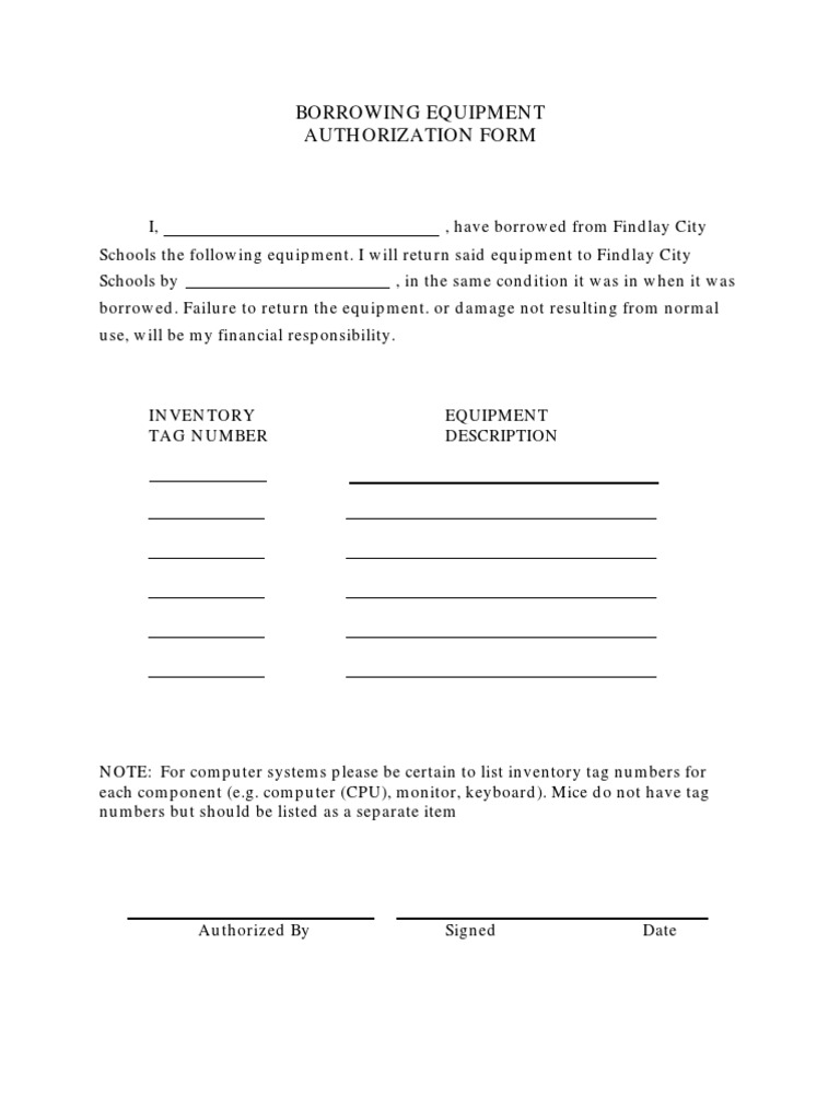 Request to Borrow Equipment from Findlay City Schools with Agreement to ...