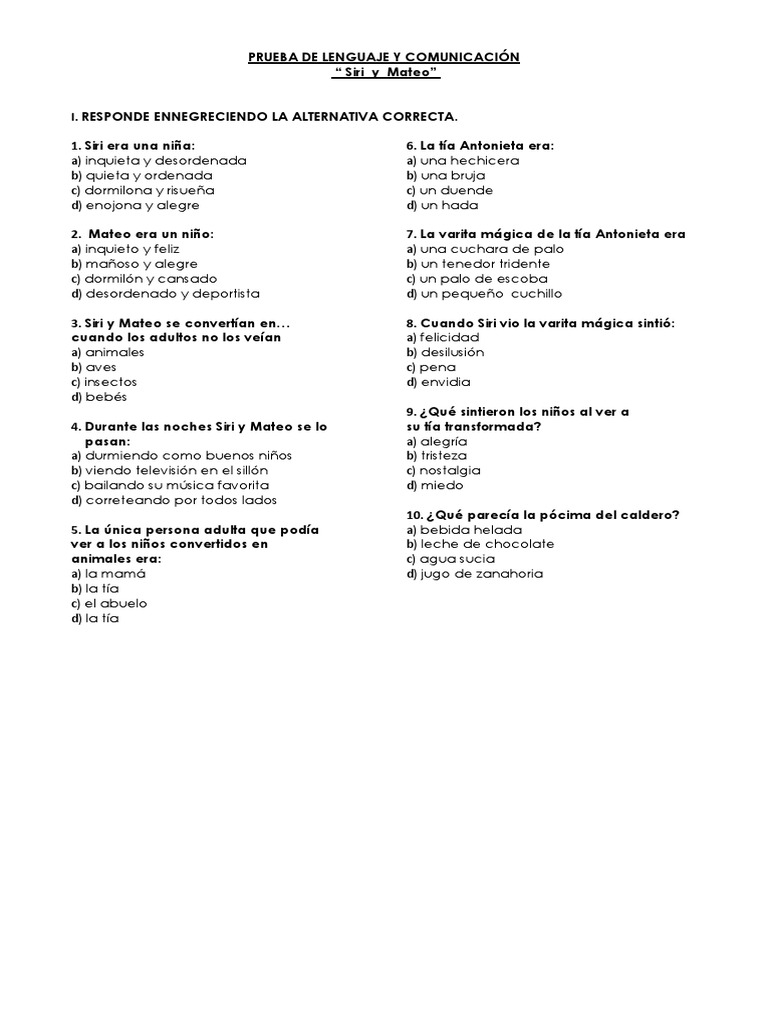 Prueba Lenguaje Siri y Mateo | PDF | Ocio