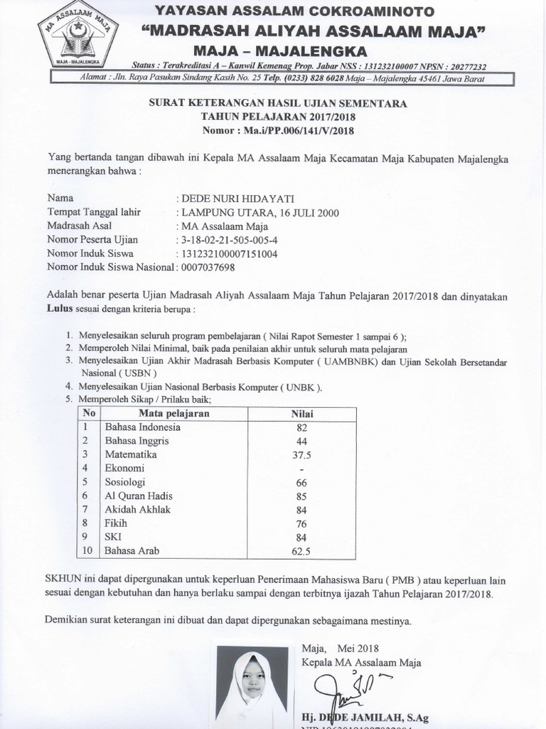 Contoh SKHU MA Sementara PDF | PDF