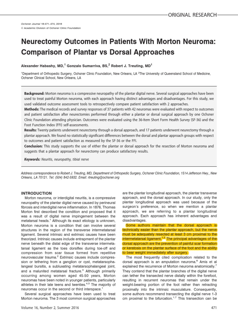 Neurectomy Outcomes in Patients With Morton Neuroma - Comparison of ...