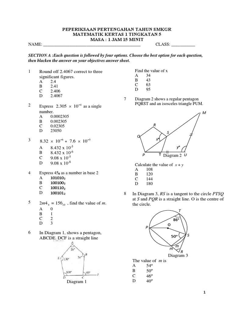 Form 5 Mathematics Mid-Year Exam Paper | PDF | Line (Geometry ...