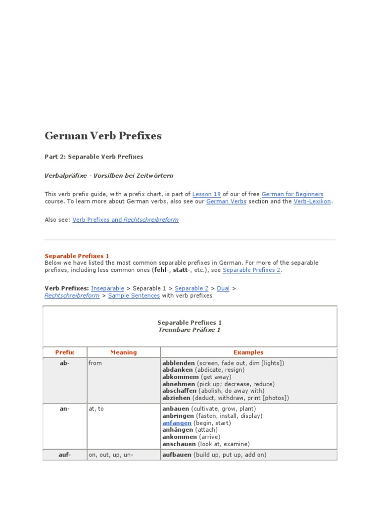 German Verb Prefixes Seperable N Inseperable | PDF | Verb | Grammatical ...