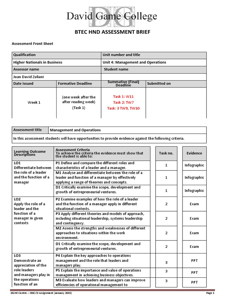 HNC D Assignment Brief Management and Operations Spring 18 v1 | PDF ...