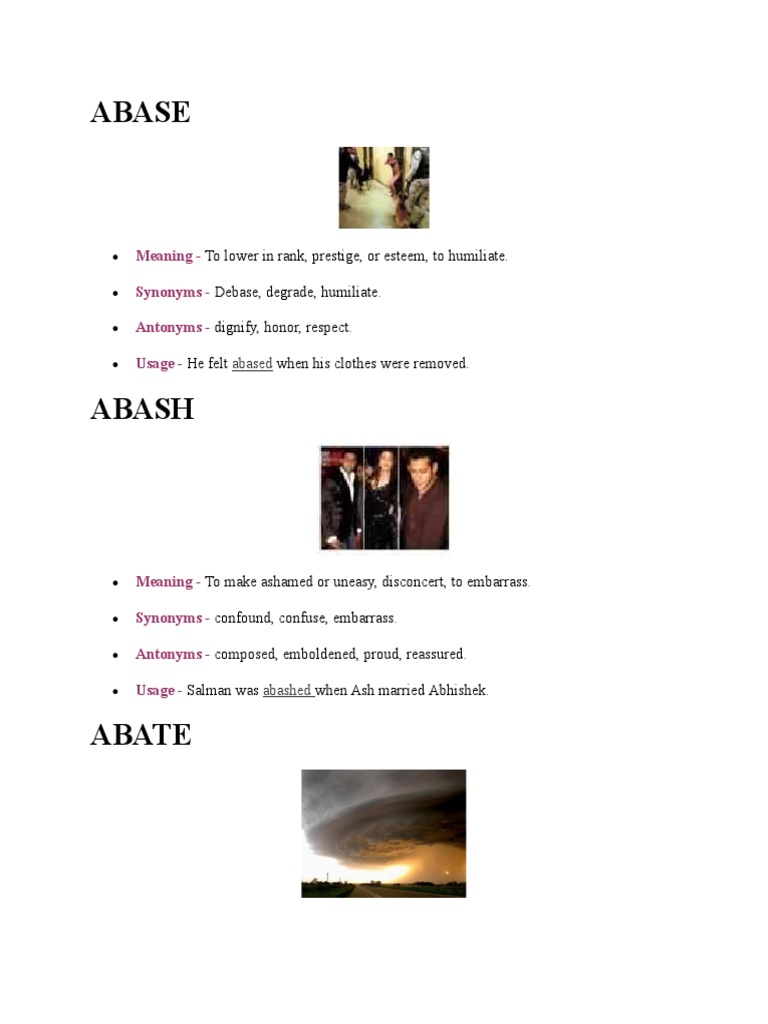 Abase: Meaning - Synonyms - Antonyms - Usage | PDF | Taste