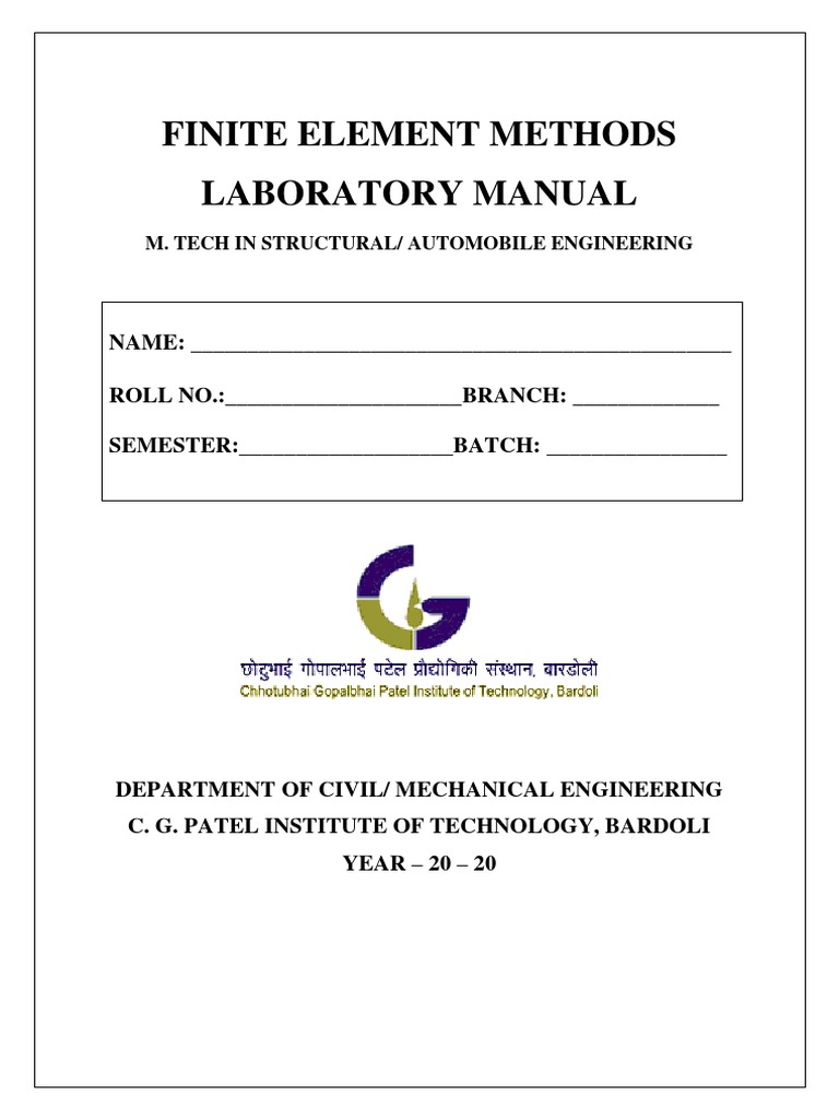 Finite Element Methods Laboratory Manual: M. Tech in Structural/ Automobile Engineering | PDF ...