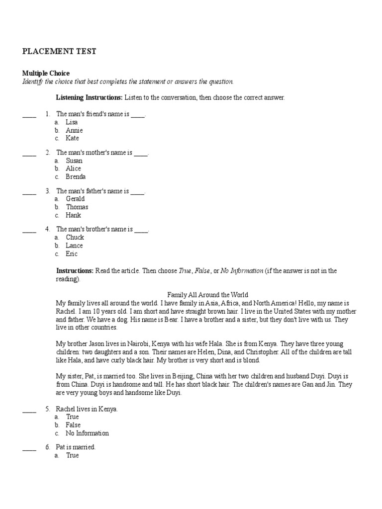 Placement Test: Multiple Choice | PDF