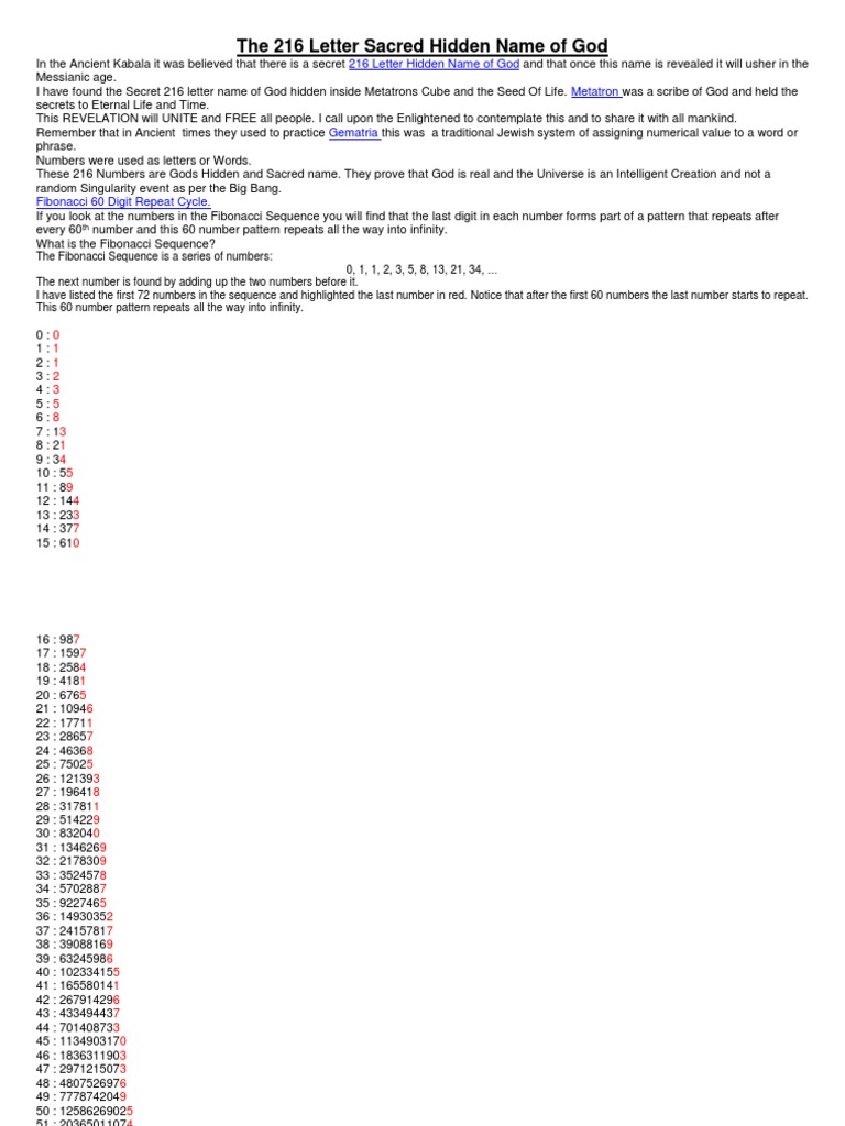 The 216 Letter Sacred Hidden Name of God | PDF | Time Travel | Space