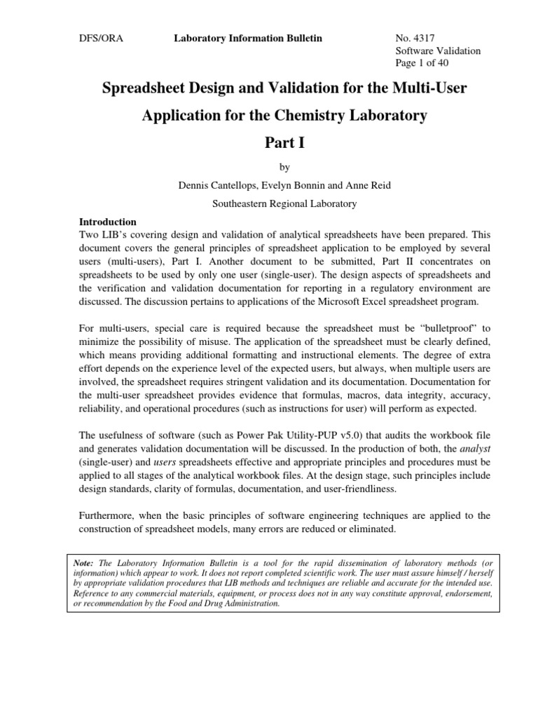 Spreadsheet Design and Validation For The Multi-User Application For The Chemistry Laboratory ...