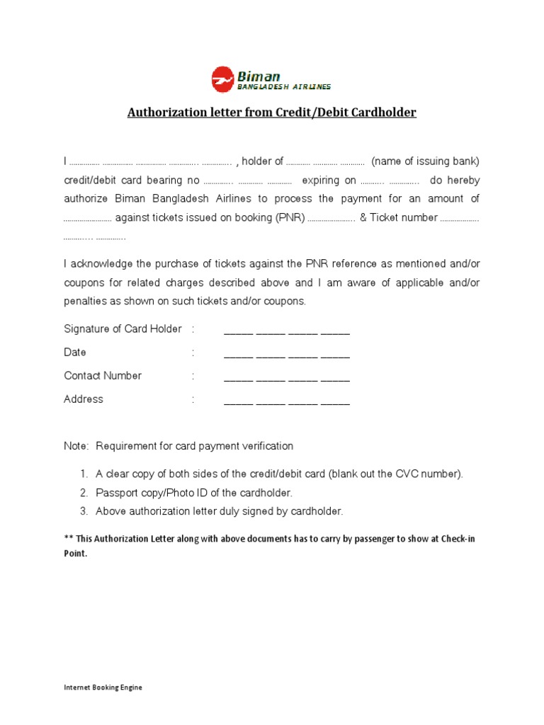 Authorization Letter From Credit/Debit Cardholder | PDF