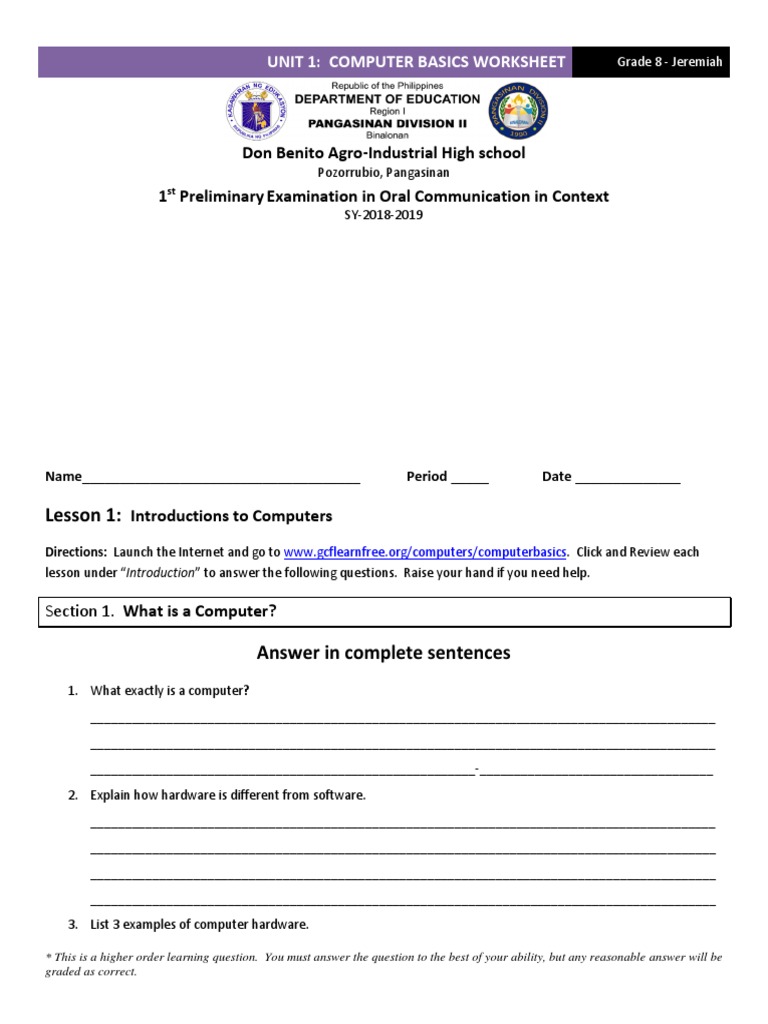 Worksheets Computer-Basics GCF-123uguz | PDF | Computer Data Storage | Application Software