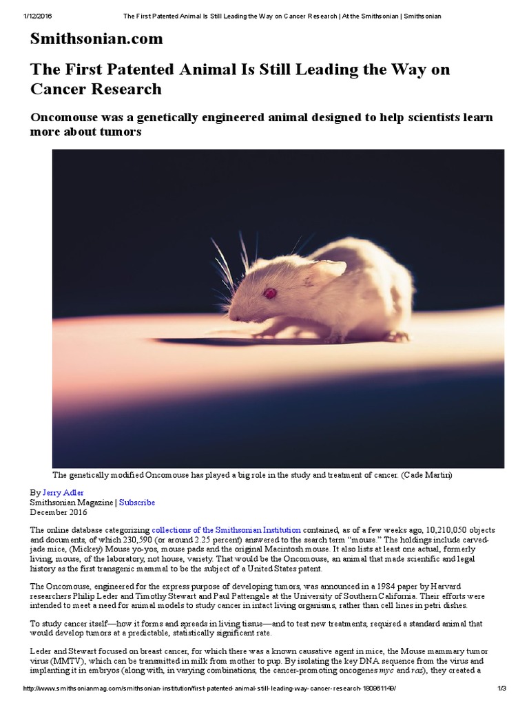 The Oncomouse: The First Patented Animal and its Revolutionary Role in ...