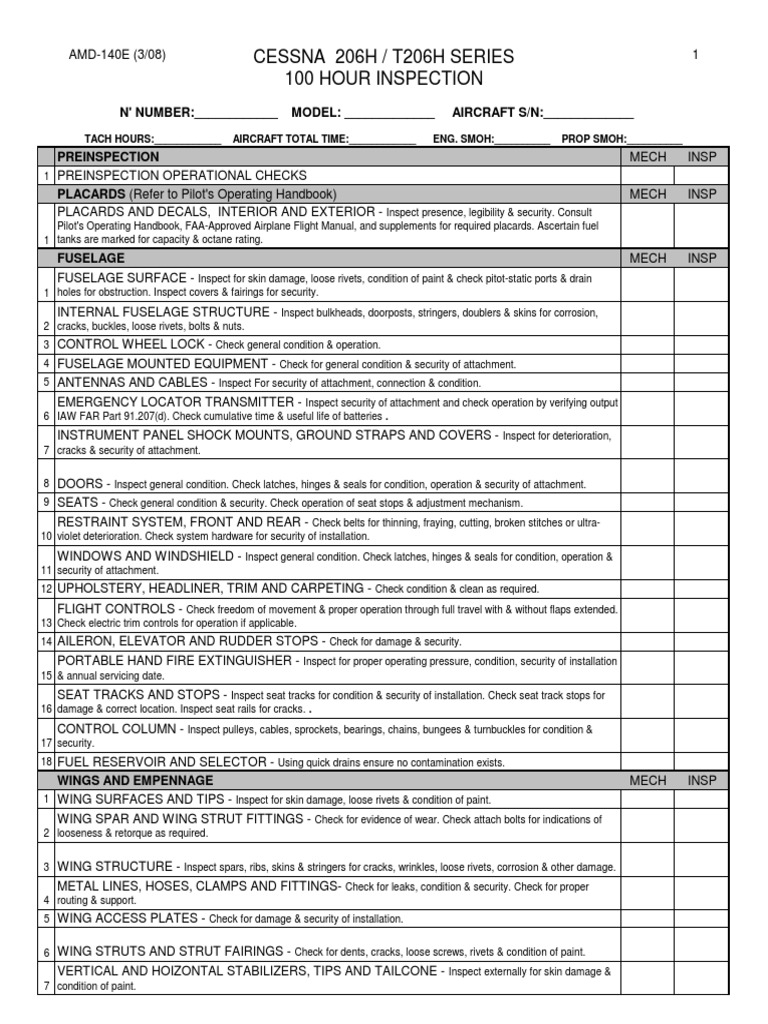 Cessna 206 100 Hour Inspection Checklist | PDF | Turbocharger ...