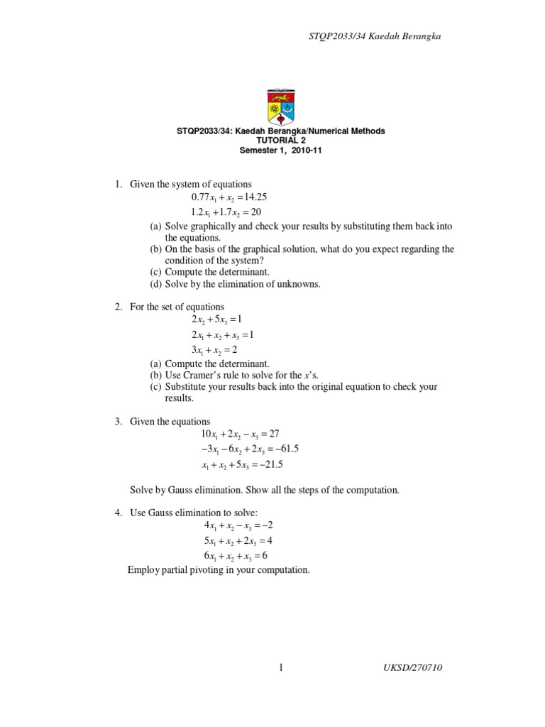 STQP2034 Tutorial 2 | PDF | Determinant | Equations