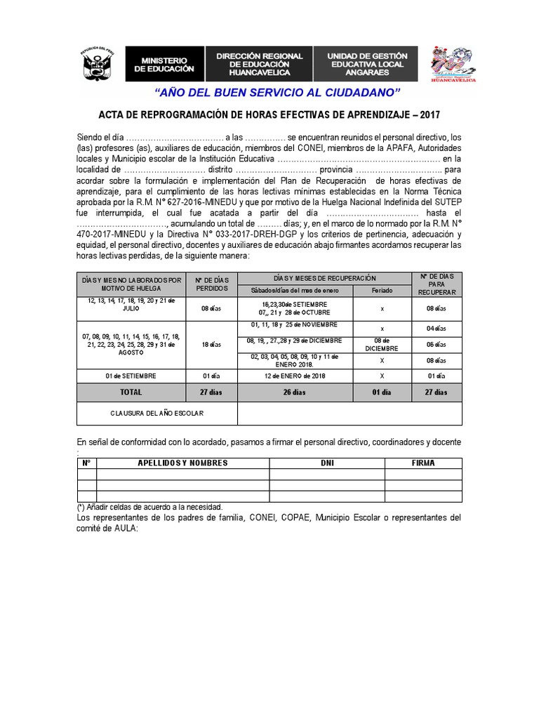 Modelo de Acta de Reprogramacion de Horas Efectivas | PDF