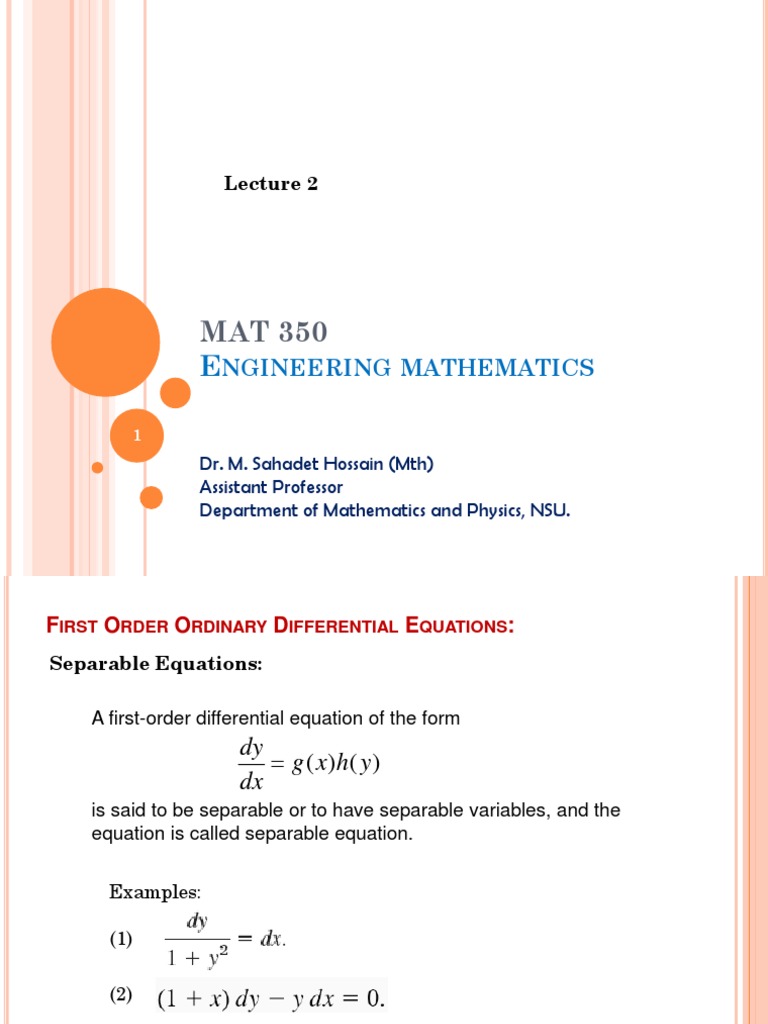 Lecture 2 Separable Variables Modelling Exact Ode Pdf Ordinary 0866