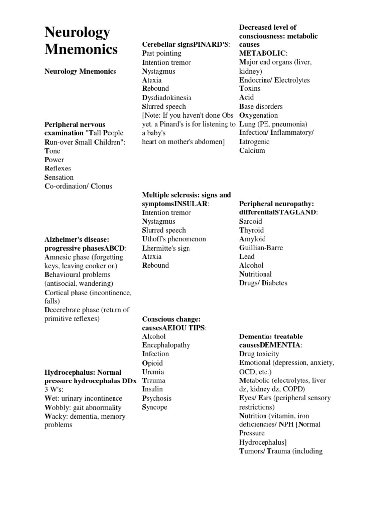 Neurology Mnemonics | Download Free PDF | Auditory System | Cerebellum
