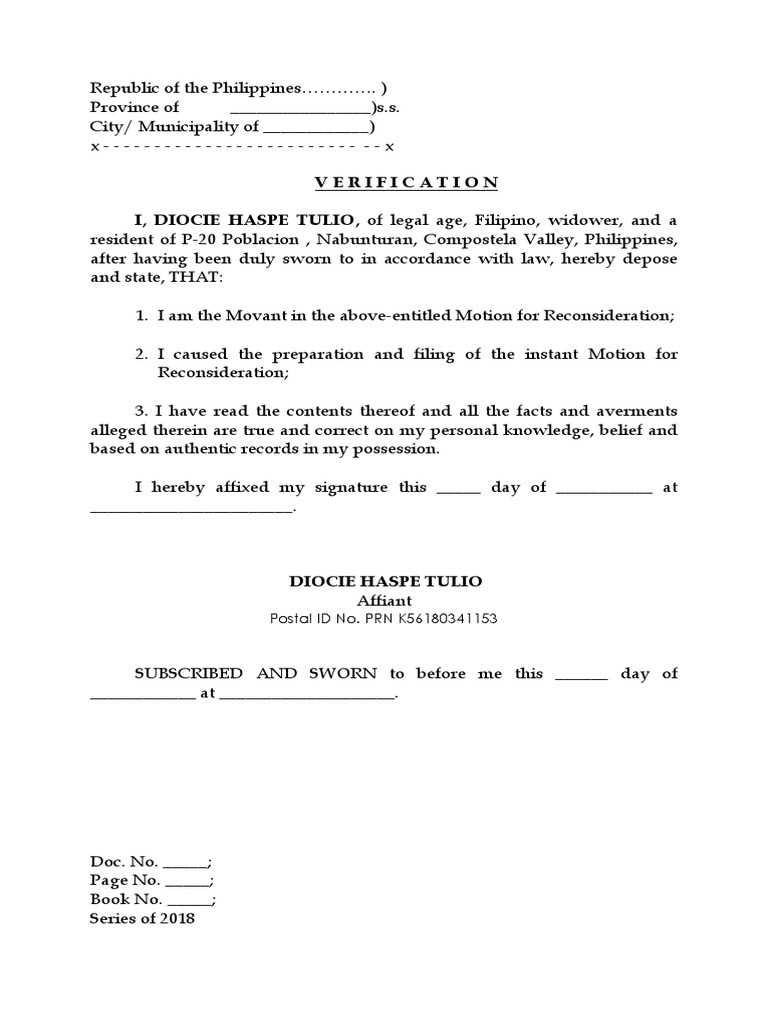 Verification I, DIOCIE HASPE TULIO, of Legal Age, Filipino, Widower ...