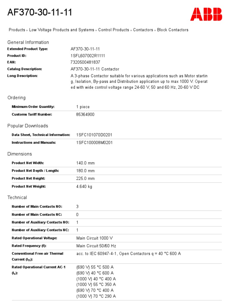 1SFL607002R1111 Af370 30 11 11 Contactor | PDF | Power (Physics) | Electrical Engineering