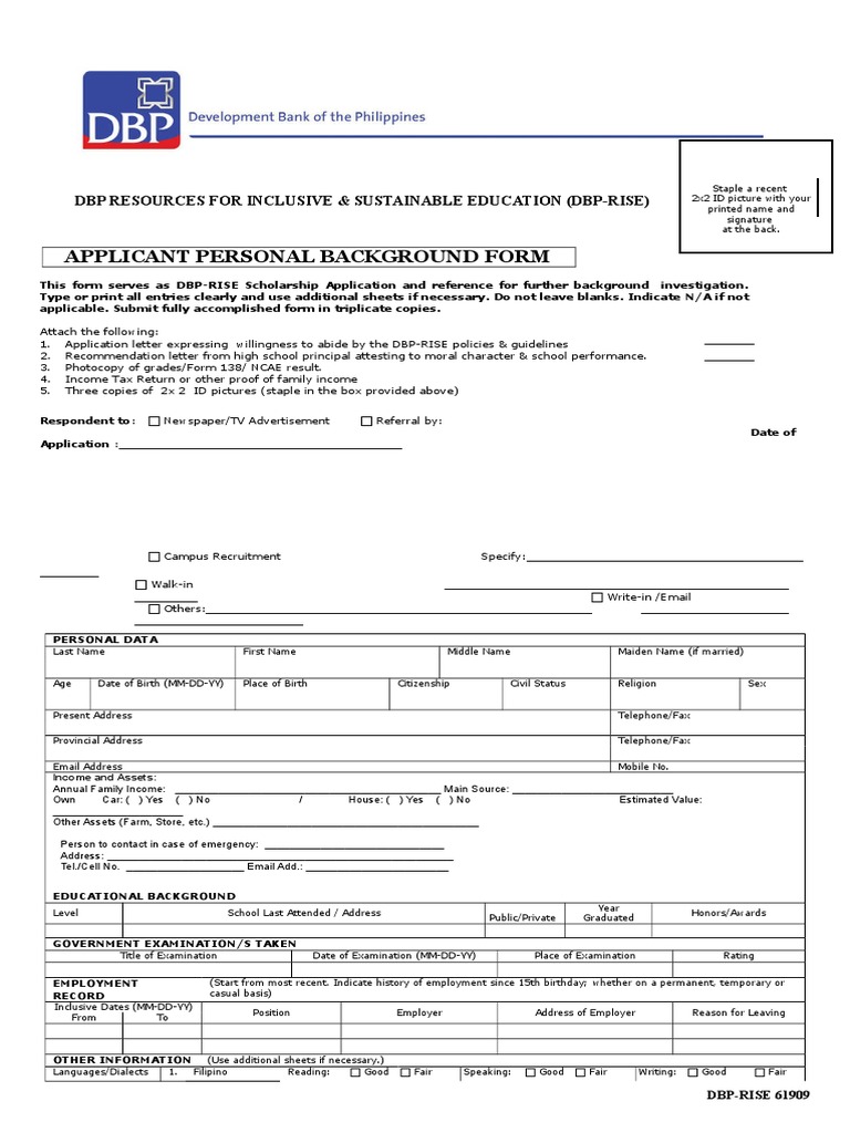 DBP RISE Application Form 2018 (1) | Fax | Marriage