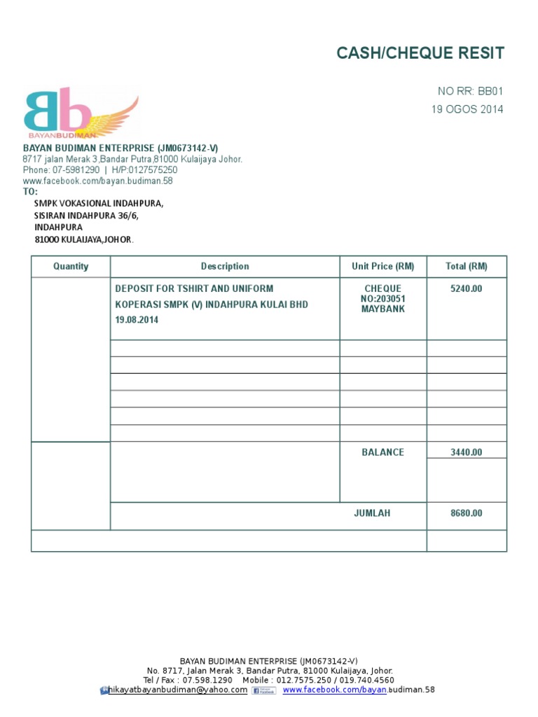 Cash/Cheque Resit: SMPK Vokasional Indahpura, Sisiran Indahpura 36/6 ...