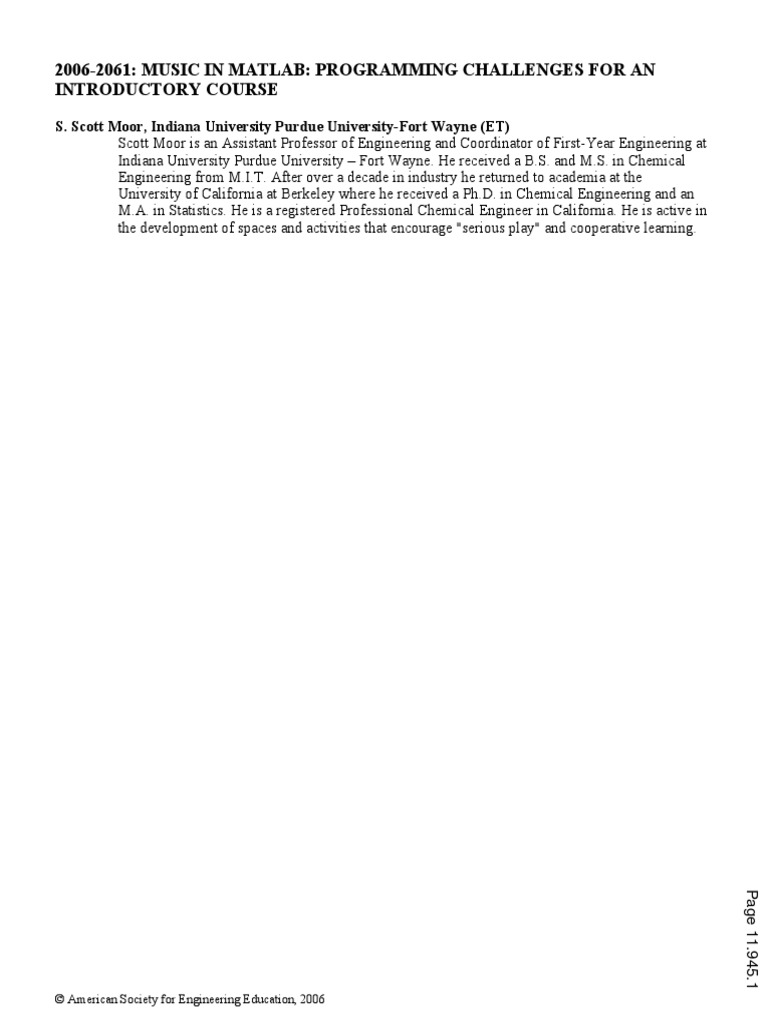 Music in Matlab Programming Challenges For An Introductory Course | PDF | Subroutine | Matlab