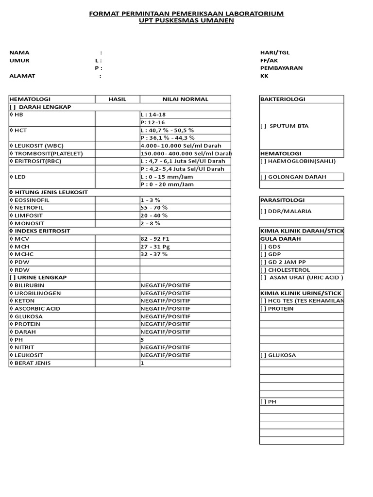 Format Permintaan Pemeriksaan Laboratorium Upt Puskesmas Umanen | PDF ...