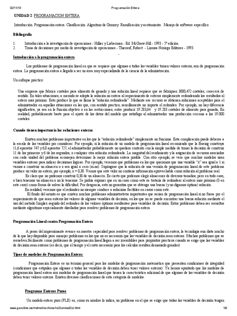Programacion Entera PDF | PDF | Programación lineal | Algoritmos