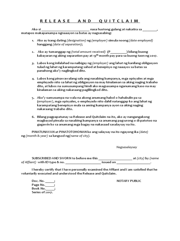 Release and Quitclaim Tagalog | PDF