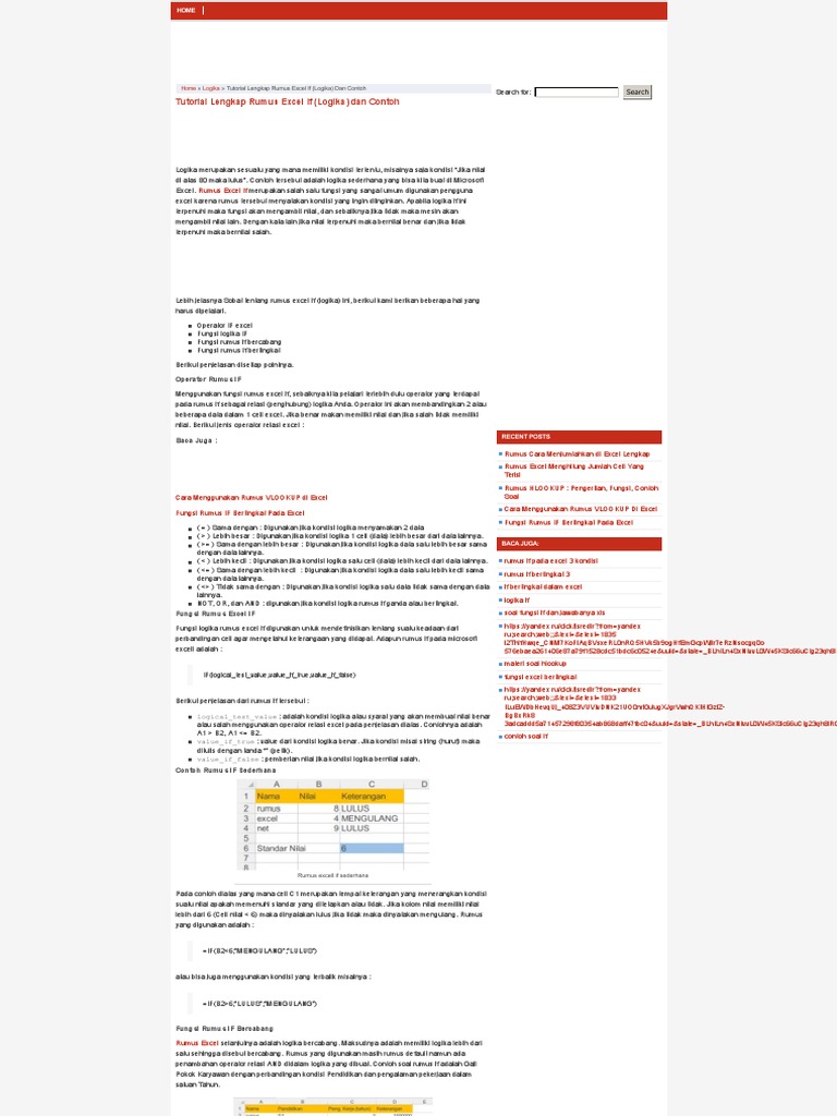 Tutorial Lengkap Rumus Excel If (Logika) Dan Contoh PDF | PDF