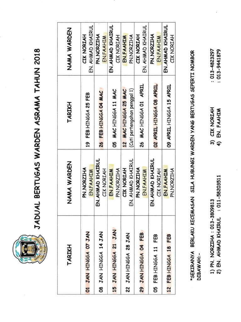 Jadual Bertugas Warden | PDF